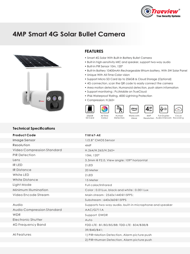 4MP Smart 4G Solar Bullet Camera Datasheet 2 | PDF | Camera | Infrared