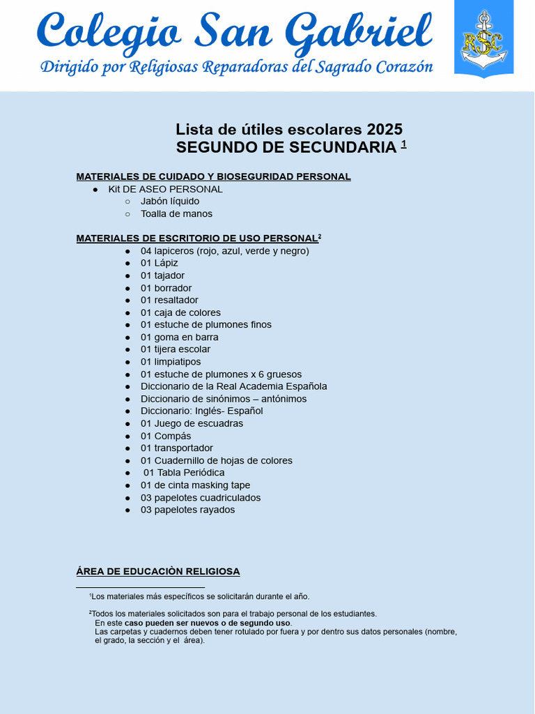 Lista de Utiles - 2do Secundaria | PDF