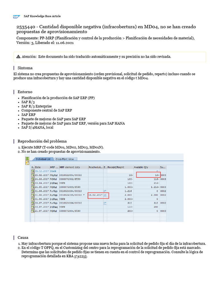 Cantidad Disponible Negativa (Infracobertura) en MD04, No Se Han Creado Propuestas de ...