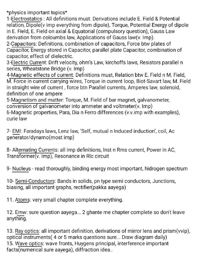Physics Important Topics - 12 | PDF
