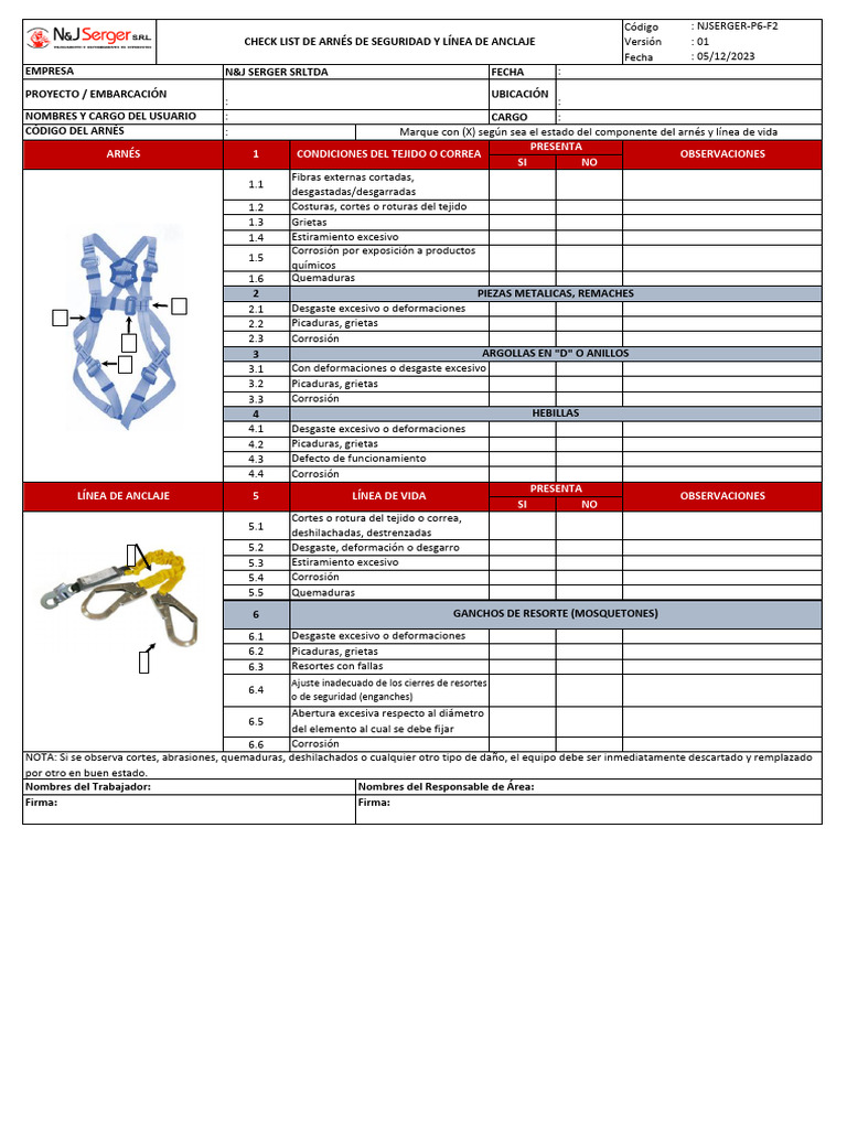 Checklist de Seguridad para Arnés y Línea de Vida | PDF | Materiales