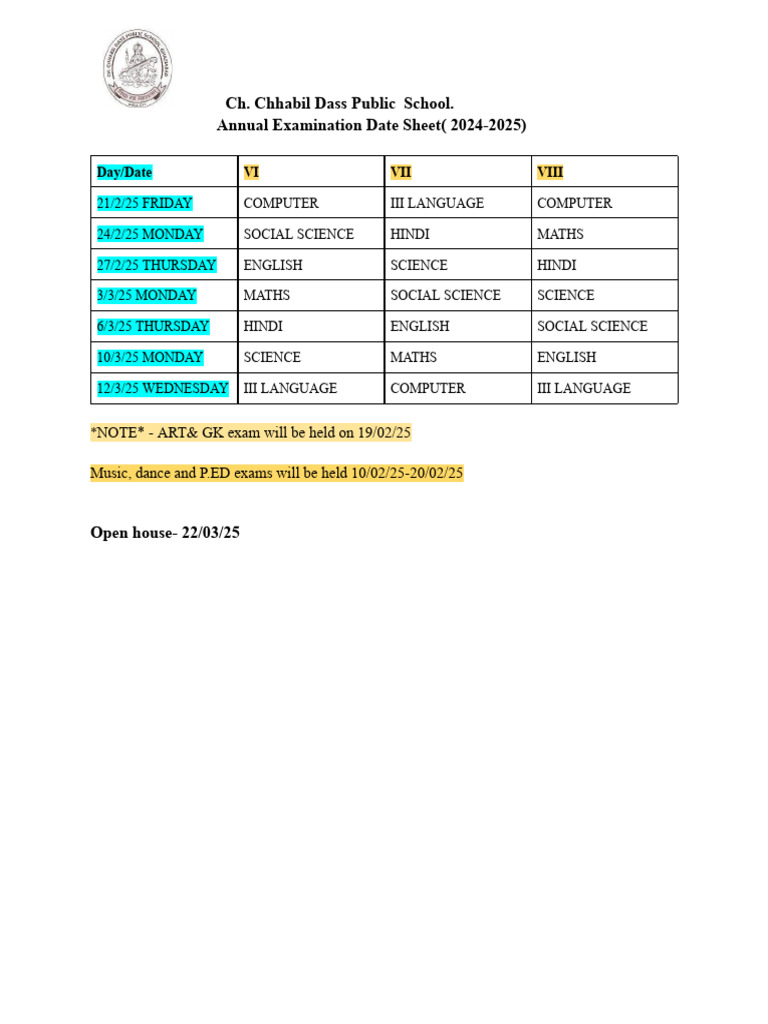 2024-2025 Exam Schedule for Classes VI-VIII | PDF