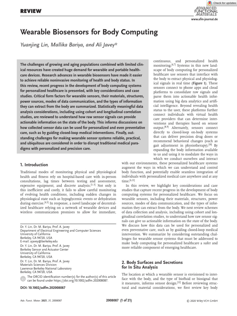 Wearable Biosensors For Body Computing | PDF | Wearable Technology | Sensor