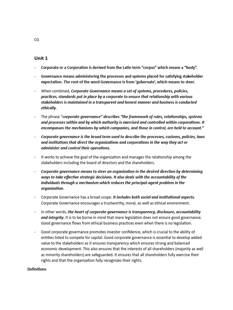 CG Unit 1 2 | PDF | Corporate Governance | Board Of Directors