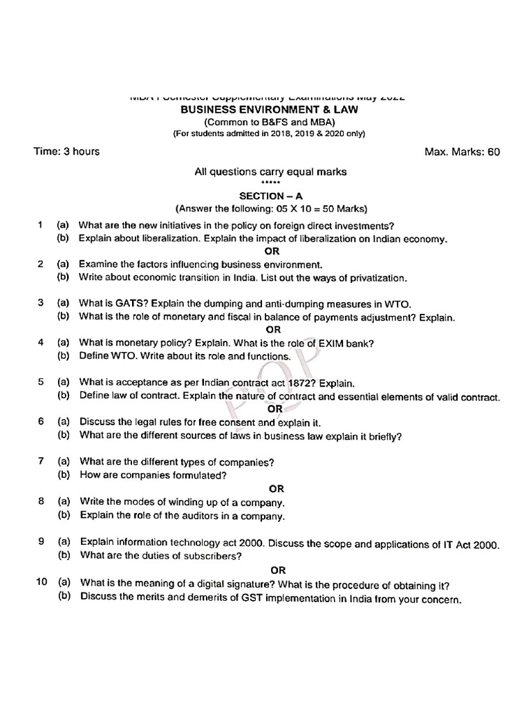 Business Environment&law - Pyqs | PDF