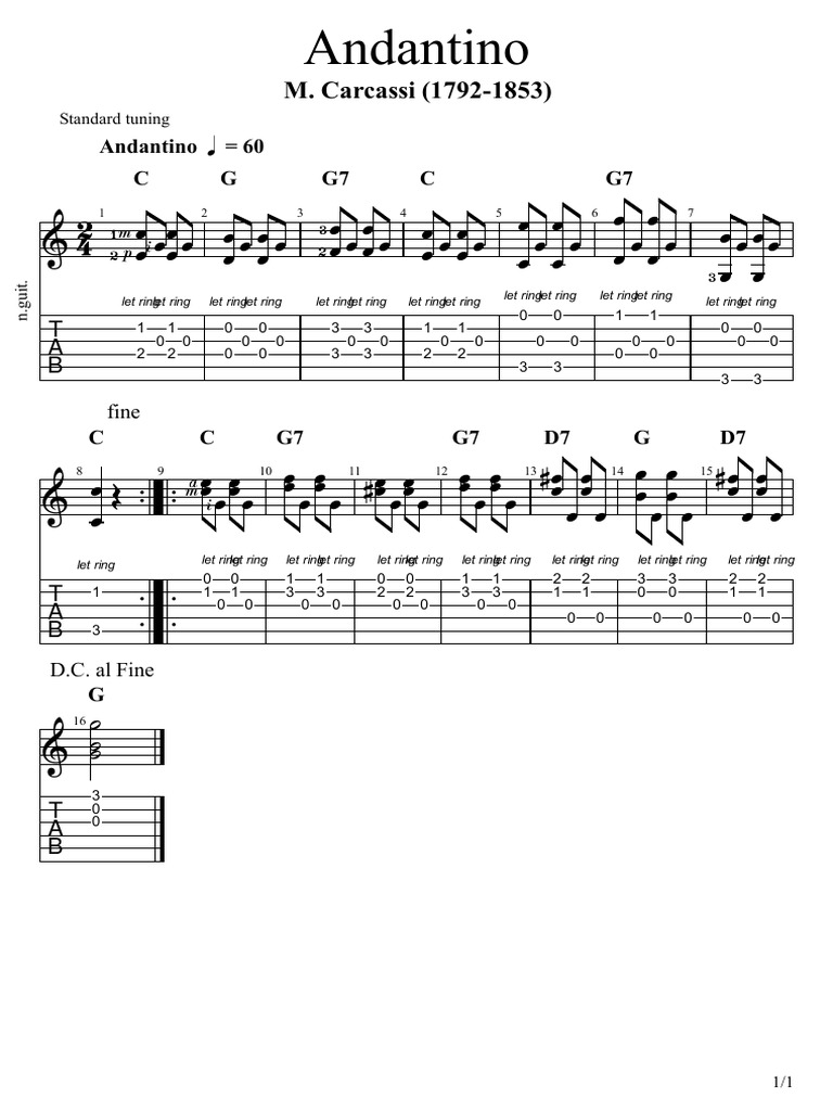Andantino M. Carcassi Opus 59 Part 1 in C Major | PDF