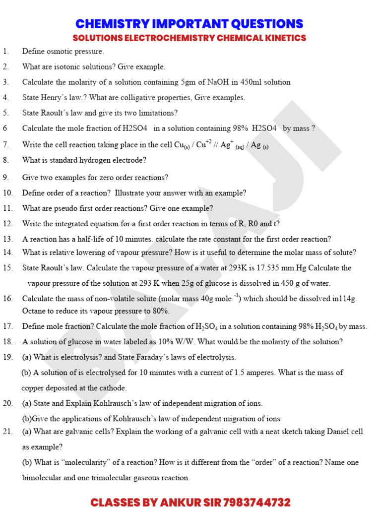 IMPORTANT QUESTIONS CHEMISTRY 12 | PDF | Chemical Reactions | Organic ...