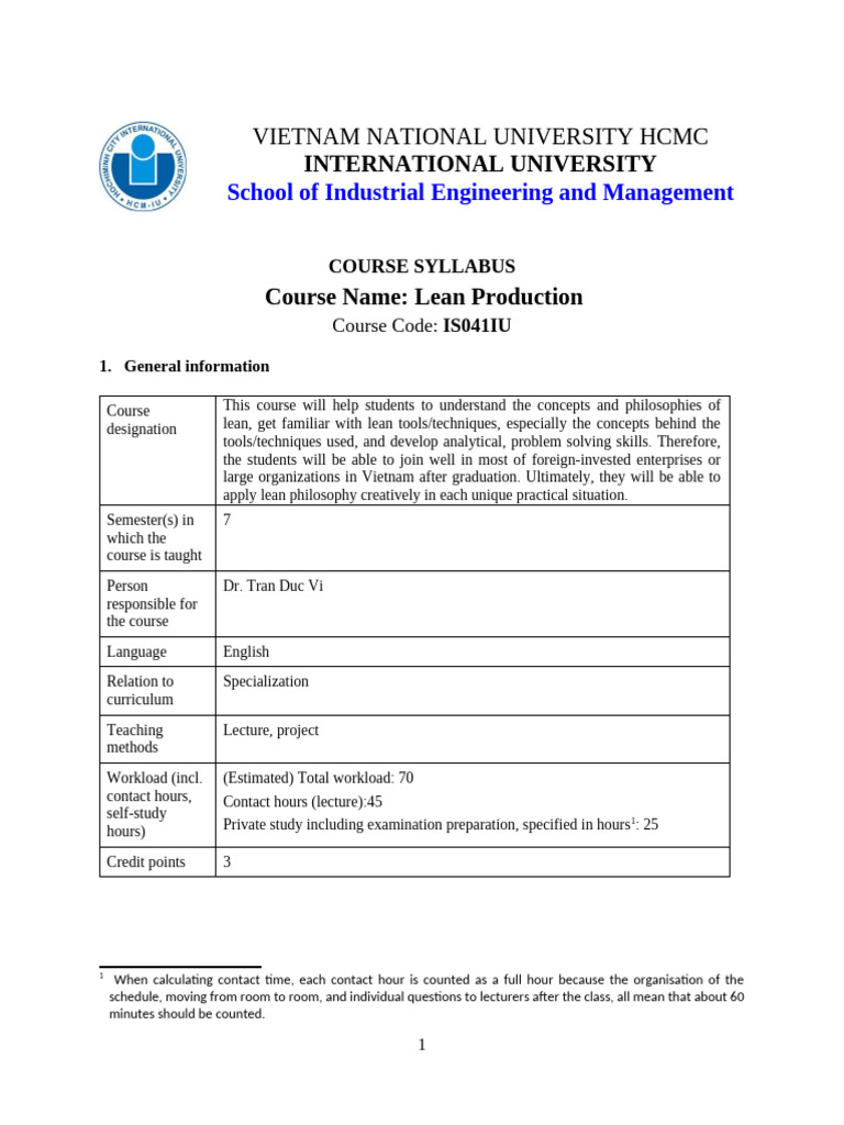 New Syllabus - IS041IU - Lean Production | PDF | Lean Manufacturing | Evaluation