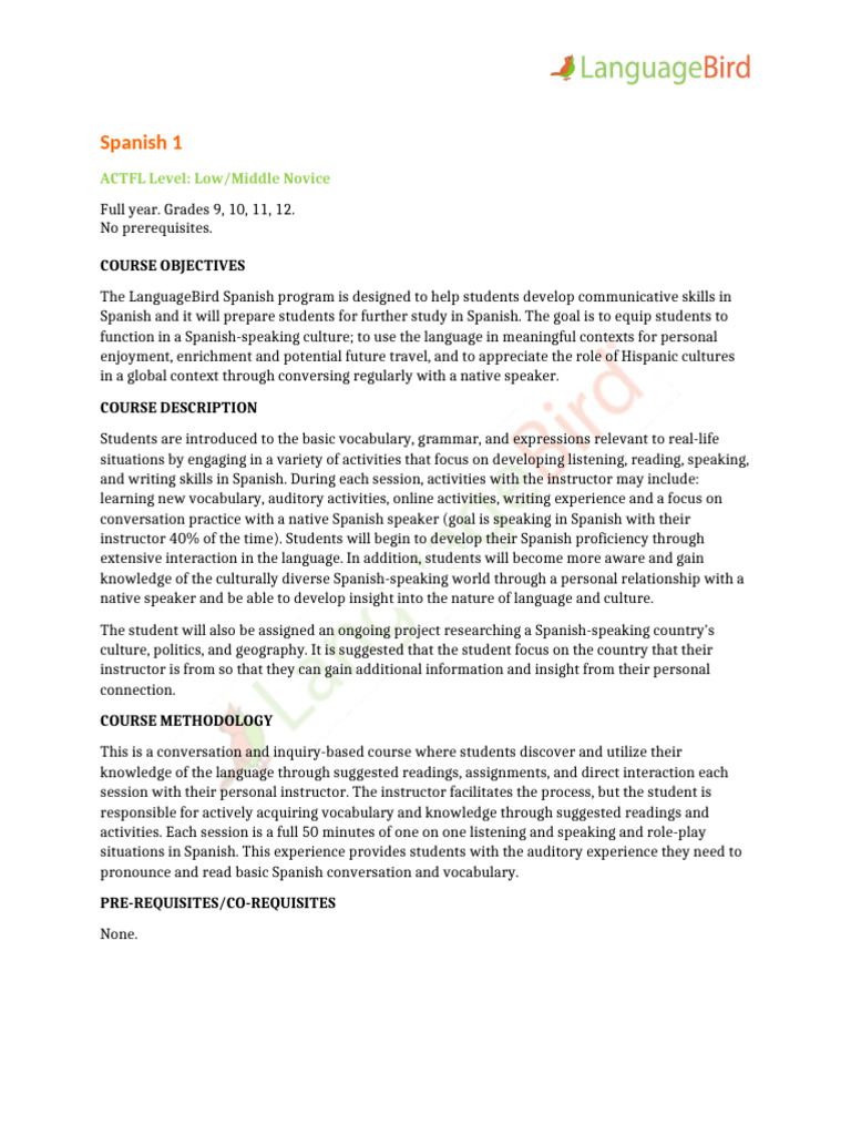 Spanish 1 Novice Course Overview | PDF | Verb | Spanish Language