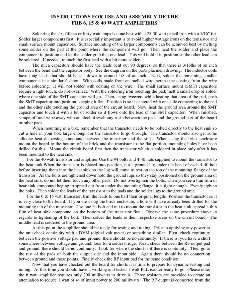 FRB 40 Watt Instruction Packet | PDF | Amplifier | Electrical Connector