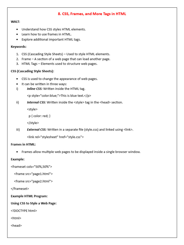 CSS, Frames, and More Tags in HTML | PDF