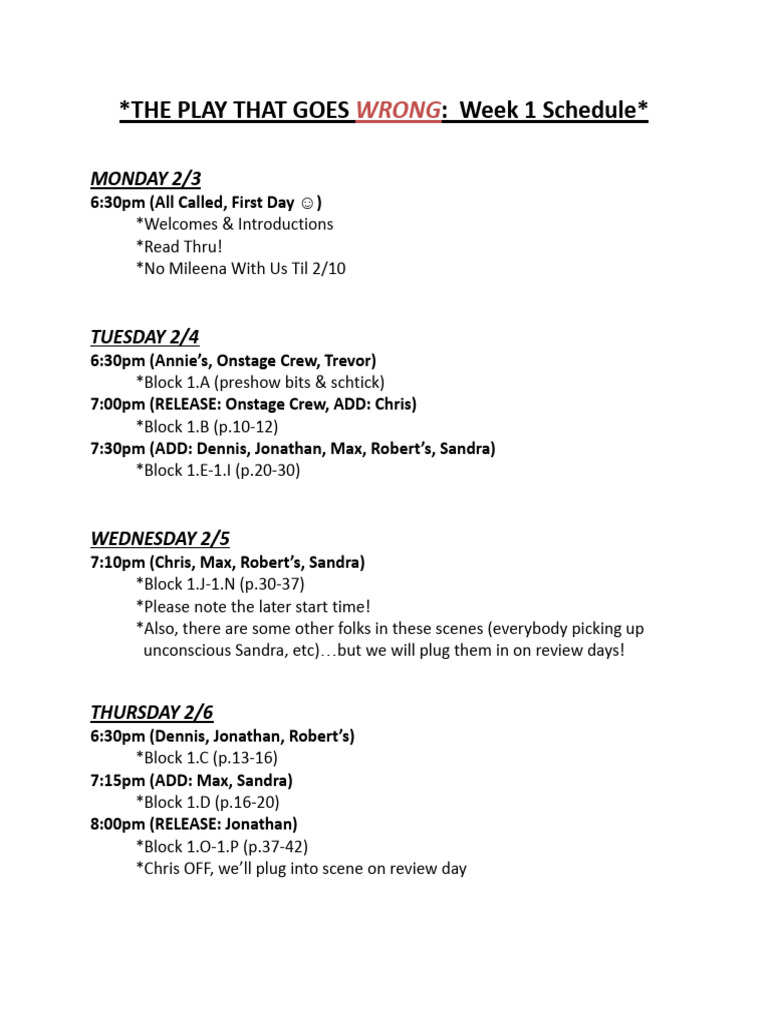 Play Goes Wrong Week 1 Schedule | PDF