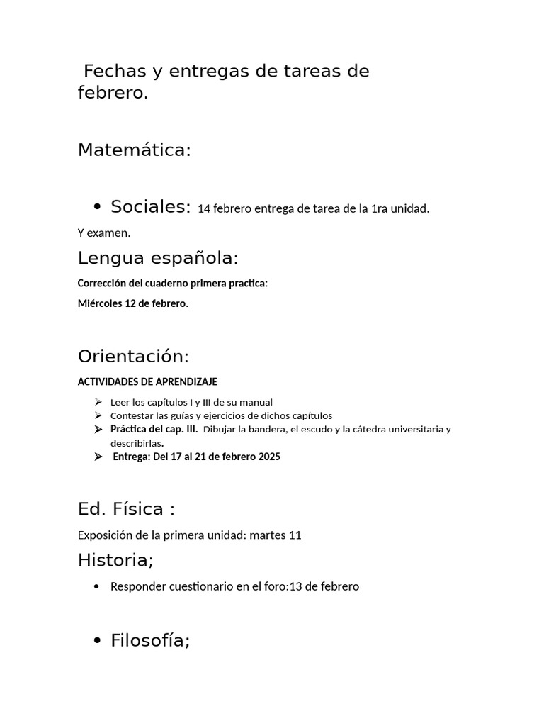 Fechas de Tareas y Exámenes Febrero | PDF