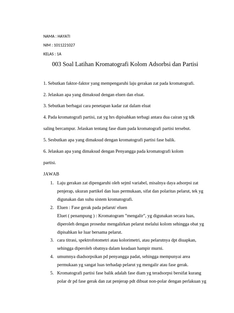003 Soal Latihan Kromatografi Kolom Adsorbsi Dan Partisi | PDF