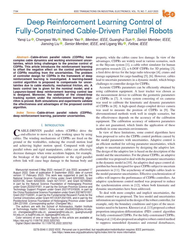 Deep Reinforcement Learning Control of Fully-Constrained Cable-Driven Parallel Robots | PDF