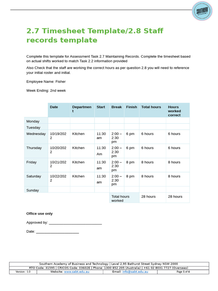 SITXHRM008 Timesheet Template Staff Records | PDF