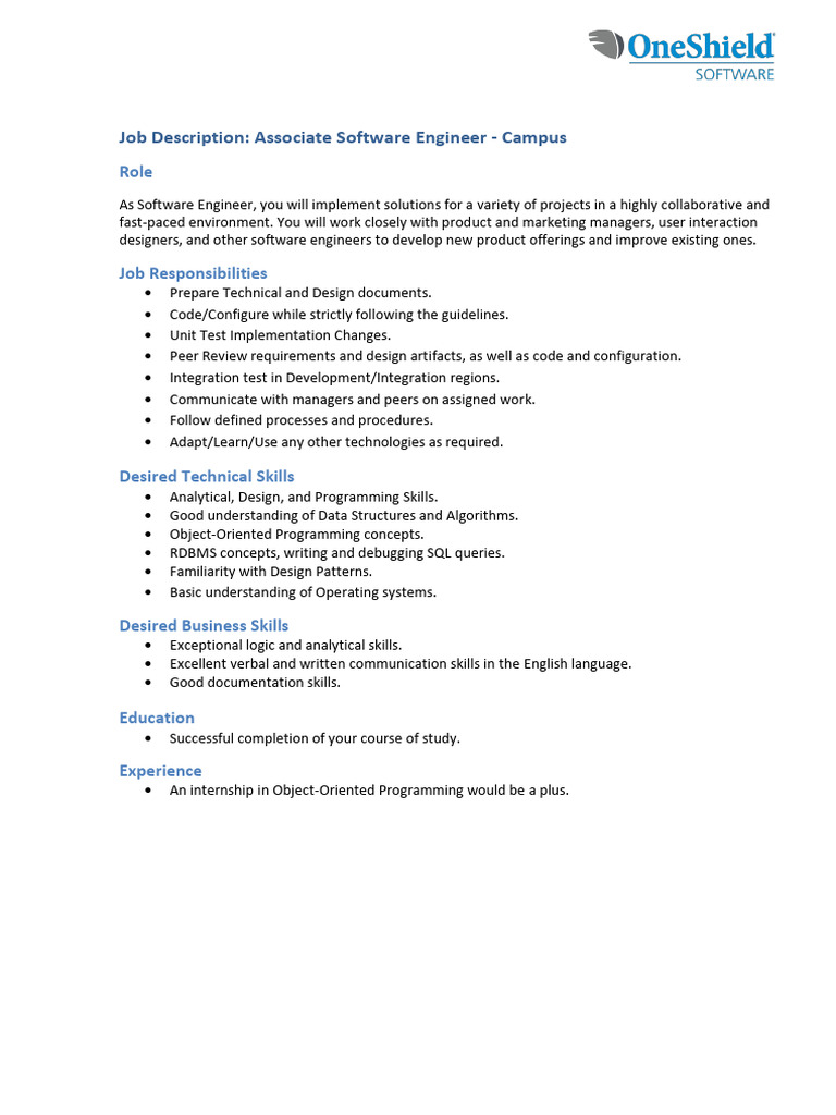 Associate Software Engineer Job Description | PDF