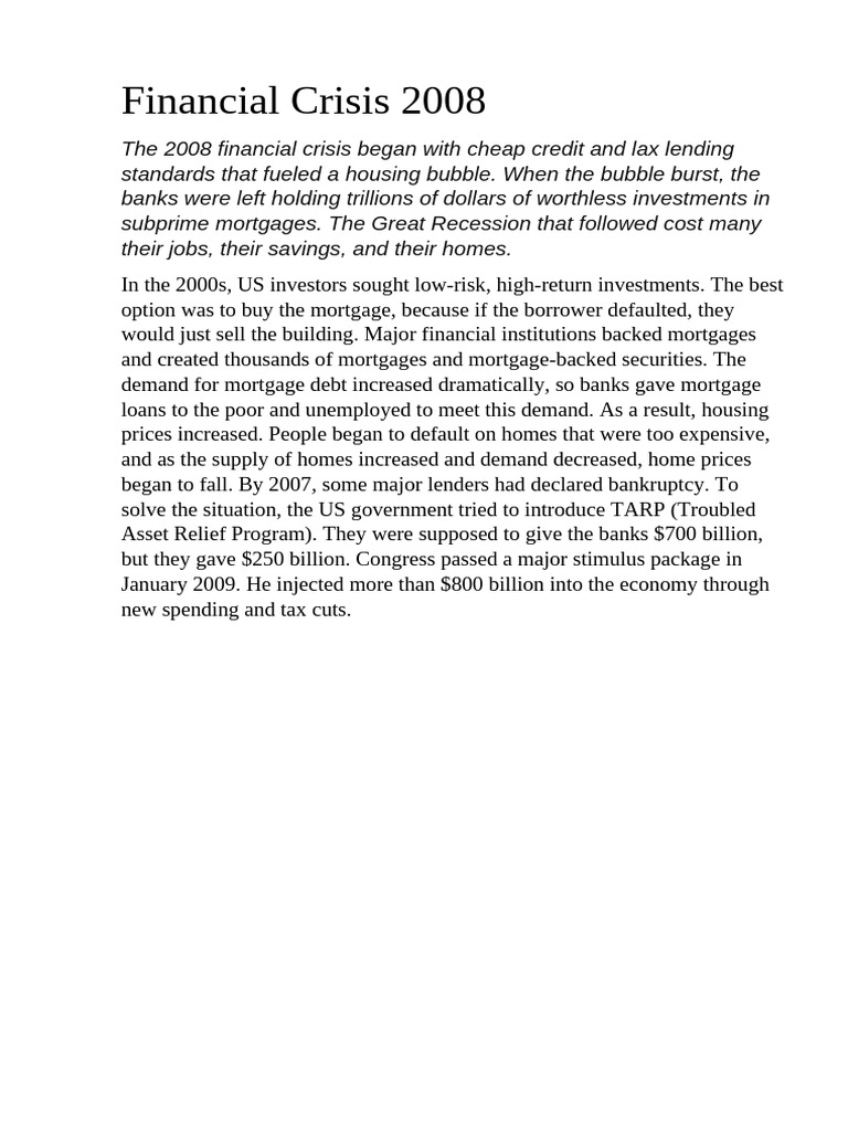 2008 Financial Crisis Overview | PDF