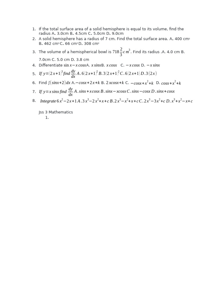 Mathematics ss3 Test 2025 | PDF