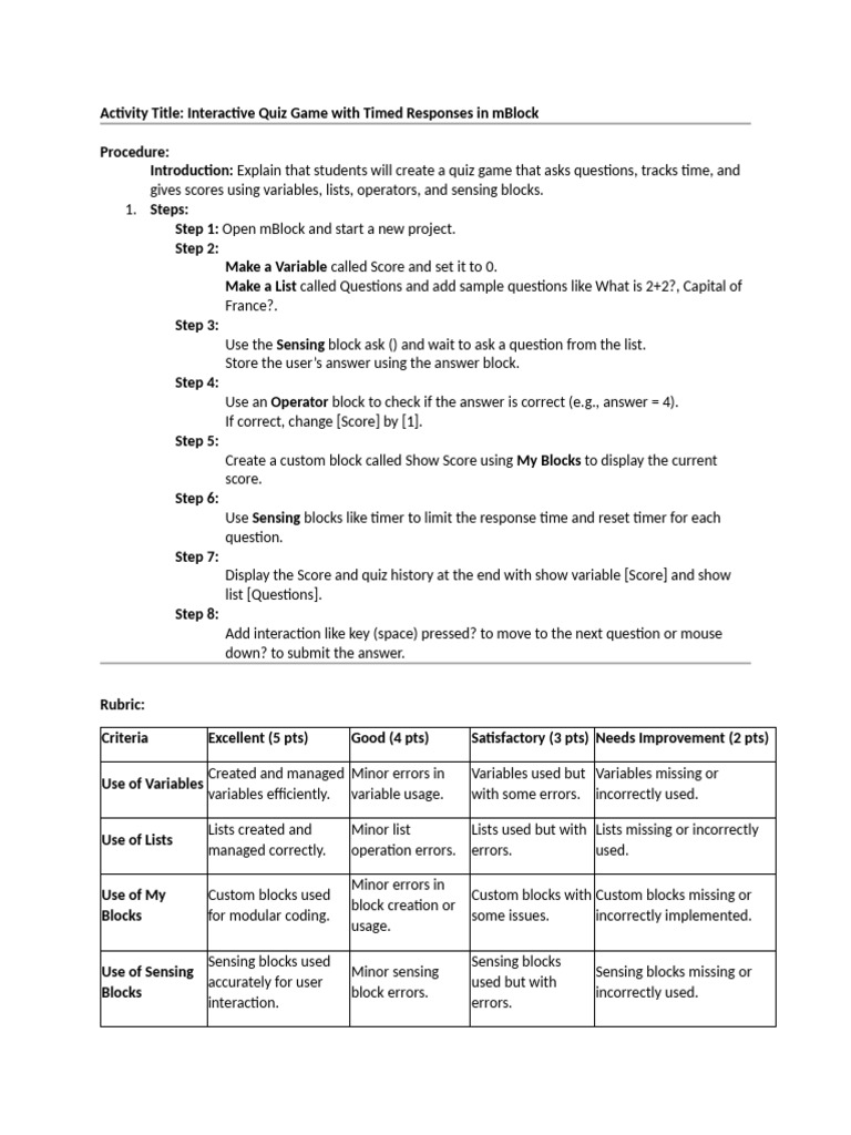 Sensing - Optr - Variable and My Blocks Activity | PDF | Computing ...