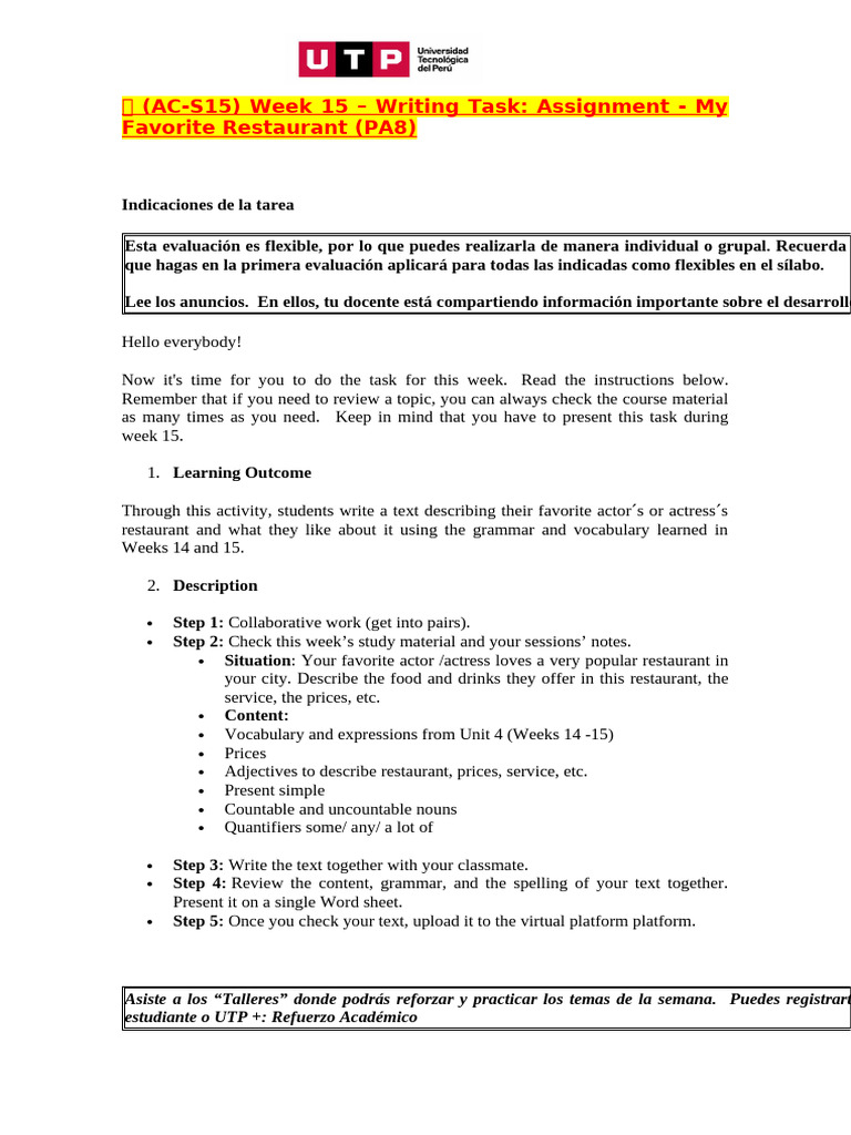 Tarea de Escritura: Mi Restaurante Favorito | PDF | Refresco | Reajuste ...