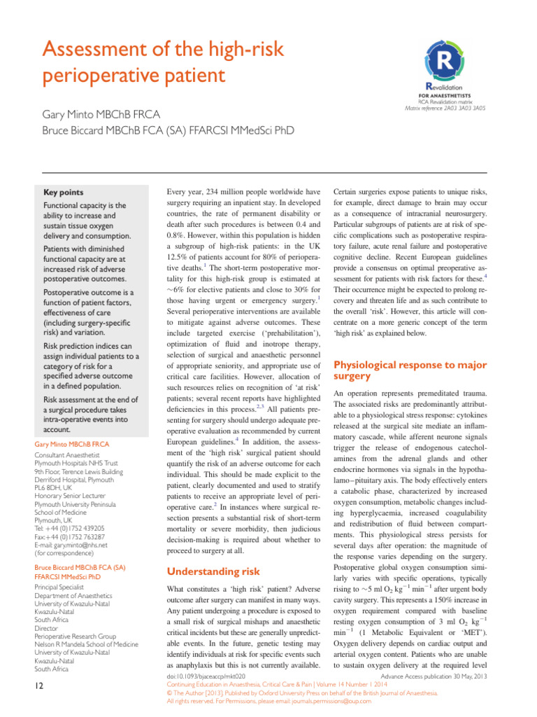 Assessment of The High Risk Perioperative Patient | PDF | Heart Failure ...