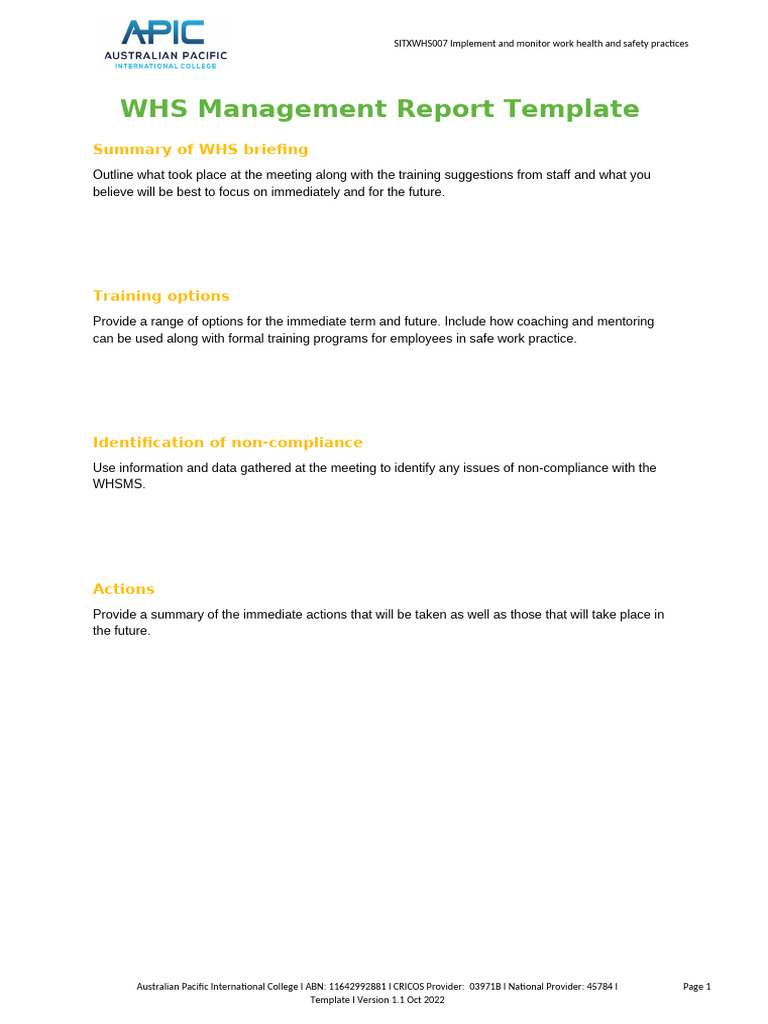 SITXWHS007 WHS Management Report Template | PDF