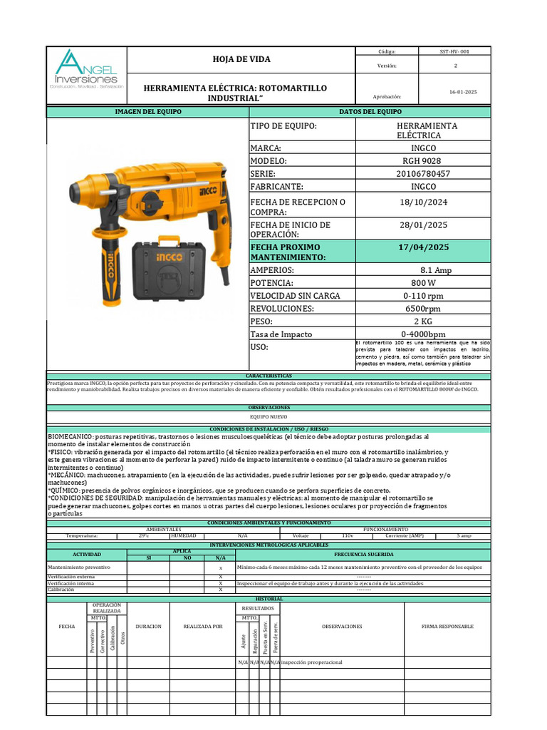 5.1.4.1 Hoja de Vida Rotomartillo INGCO RGH9028 | PDF | Perforación | Ingeniería mecánica