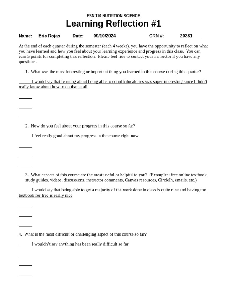 FSN110 Learning Reflection 1 | PDF