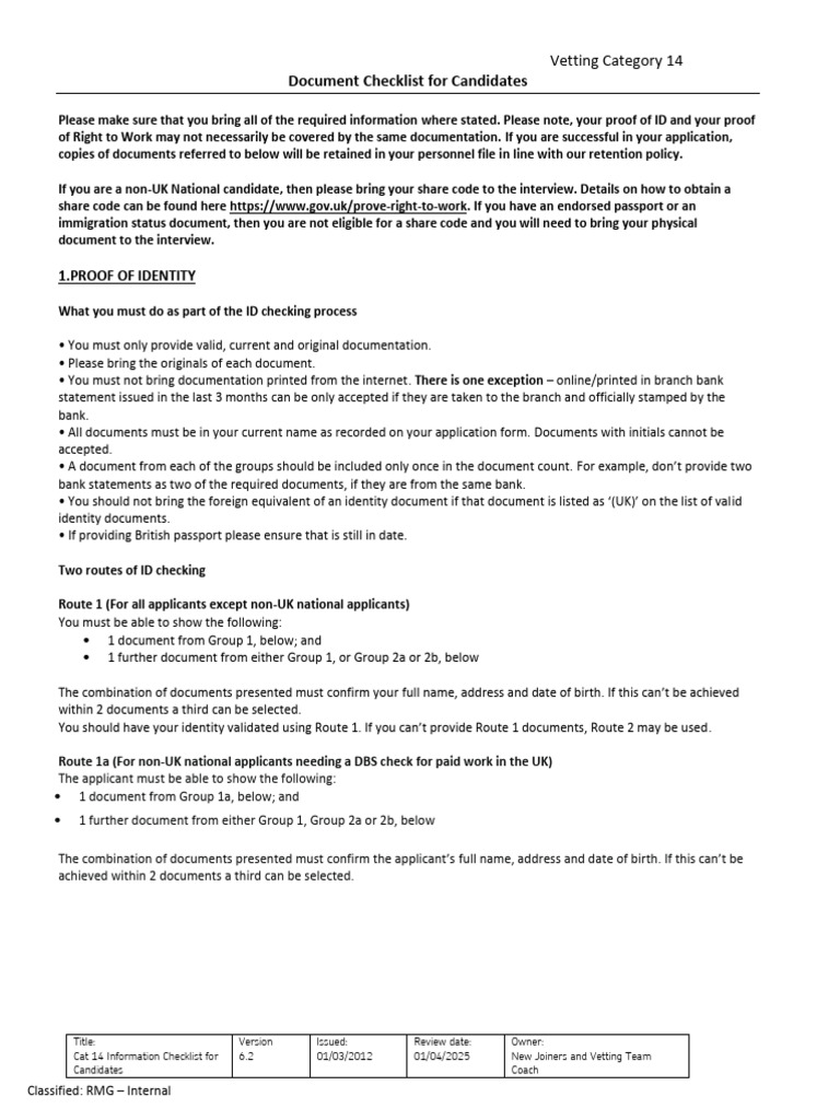 Cat 14 Information Checklist For Candidates | PDF | Identity Document ...