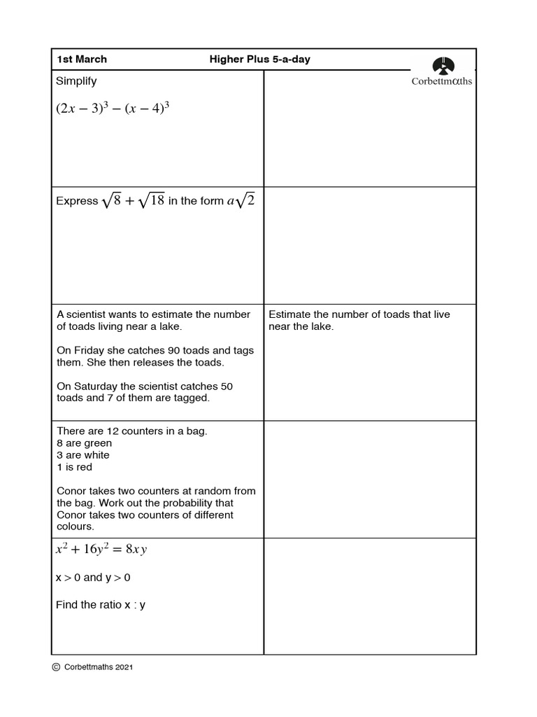 Higher Plus 5-a-Day Math Problems | PDF | Circle | Equations