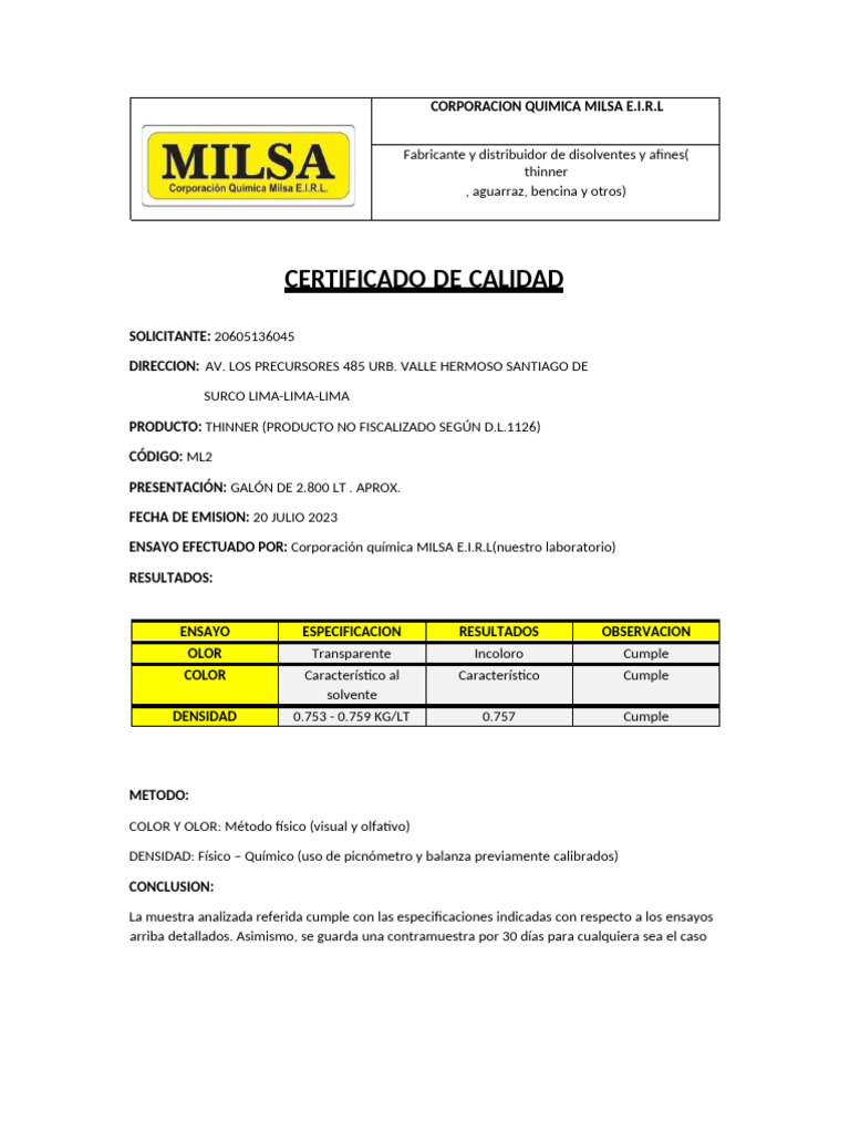 Certificado de Calidad Thinner Milsa | PDF