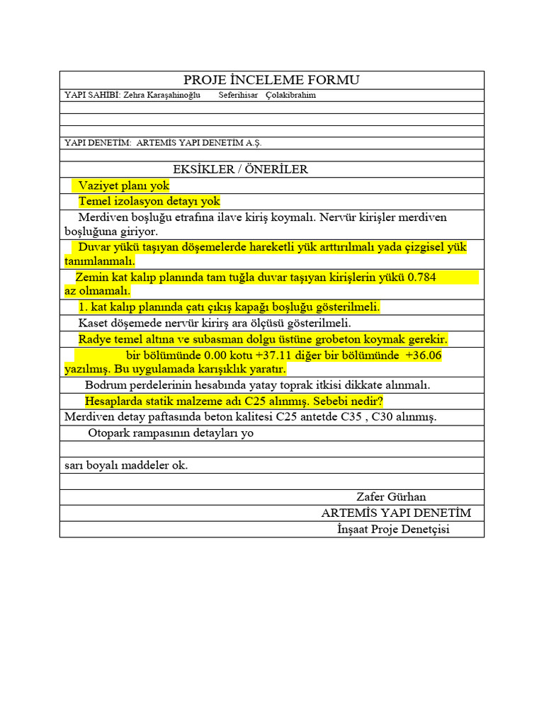 STATİK Proje Inceleme Formu Zehra Karaşahinoğlu Rev1 | PDF