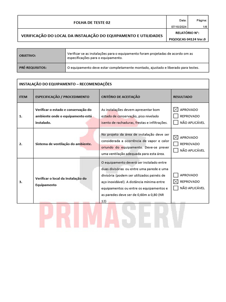 QI - FOLHA de TESTE 2 - Verificação Do Local Da Instalação Do ...