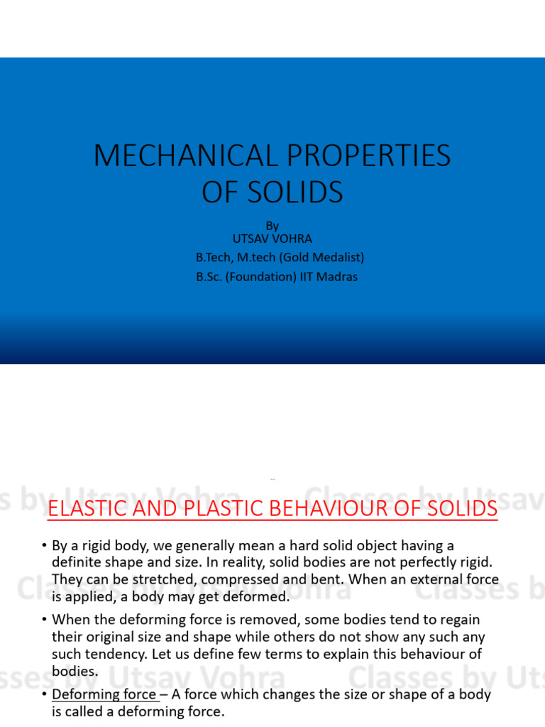 11th mechanical properties of solids (ch-9) | PDF | Deformation (Engineering) | Elasticity (Physics)