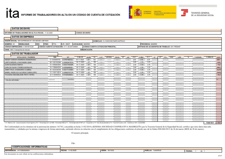 Informe de Trabajadores en Alta en Un Código de Cuenta de Cotización | PDF | Seguridad Social
