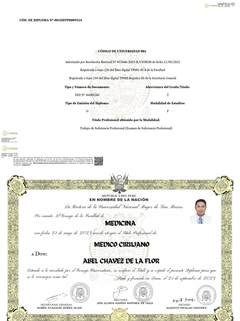 Diploma de Médico Cirujano UNMSM | PDF
