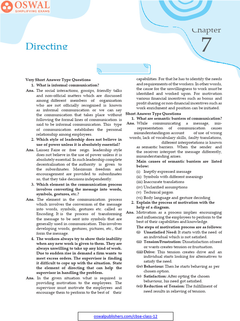 NCERT Solutions For Class 12 Business Studies Chapter 7 Directing | PDF | Incentive | Communication