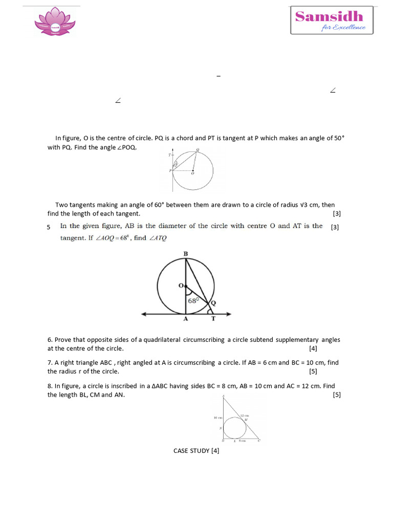 Grade 10 Circle Geometry Worksheet | PDF