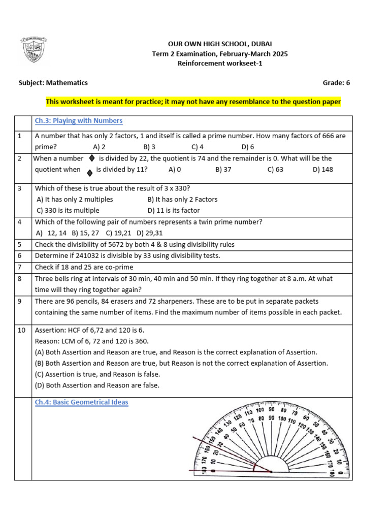 GR 6 Math Term-2 Math Reinforcement Worksheet 1 | PDF | Circle | Triangle