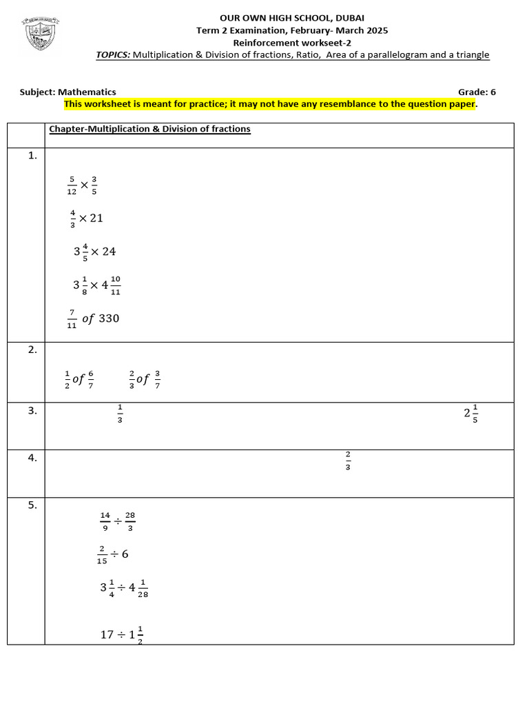 Grade6 - Term2 Math Reinforcement Worksheet 2 | PDF | Area | Ratio
