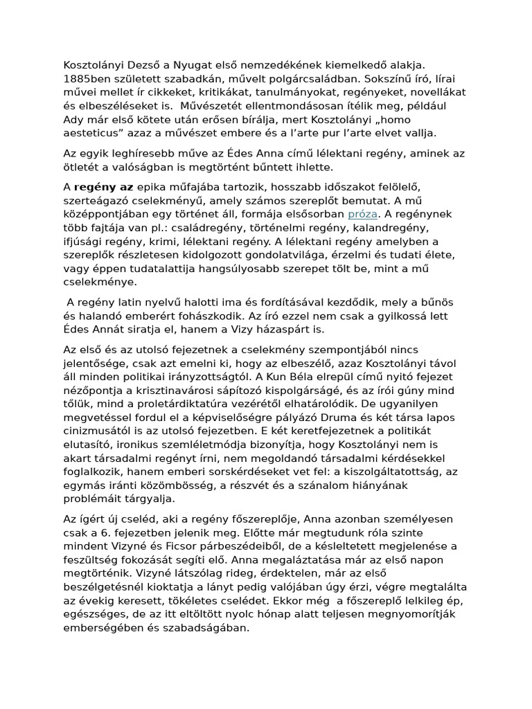 Kosztolányi Dezső Édes Anna NK | PDF
