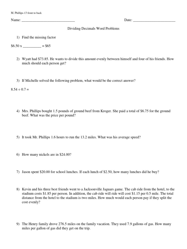 Dividing Decimals Word Problems | PDF