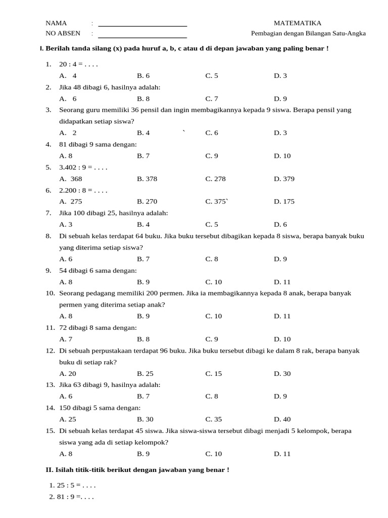 Ulangan Mtk 2 Pembagian | PDF