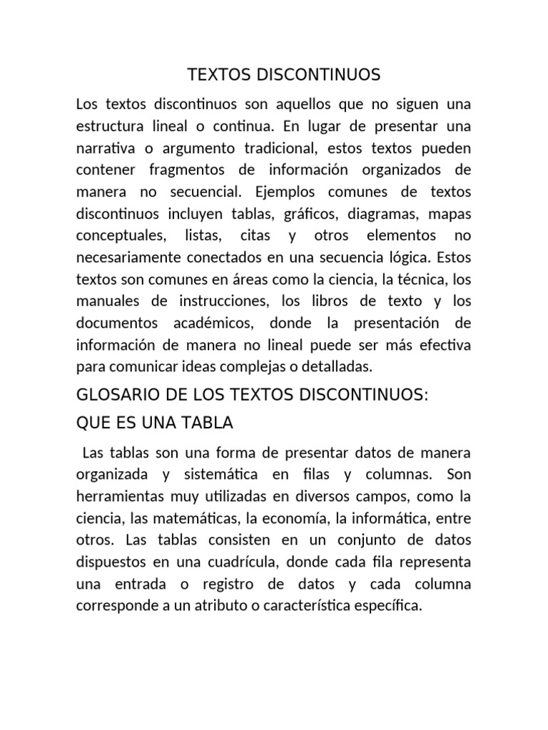 Función y Ejemplos de Textos Discontinuos | PDF | Infografia | Datos
