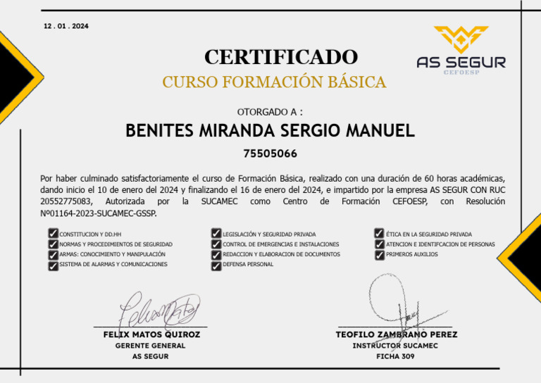 Certificado de Formación Básica a Sergio Benites | PDF