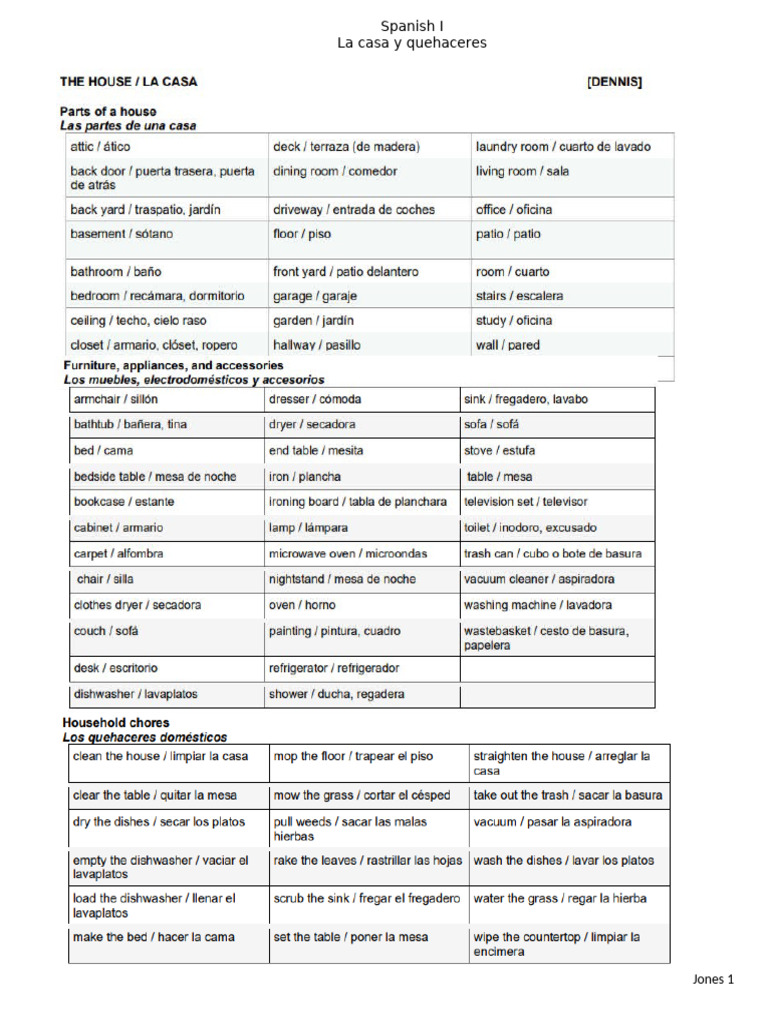 Spanish I: La Casa y Quehaceres | PDF
