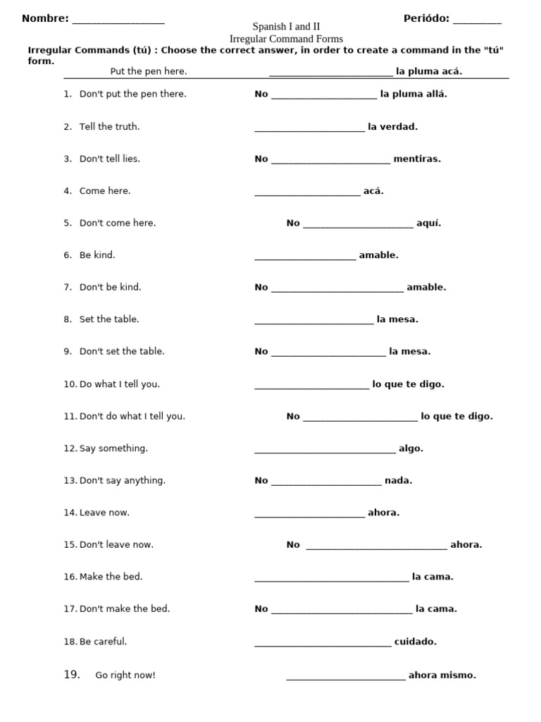 Irregular Commands in Spanish: Practice | PDF