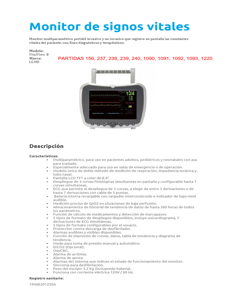 Monitor VitalView B: Multiparamétrico Portátil | PDF