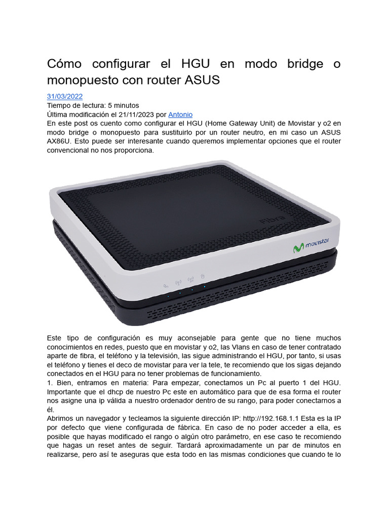 Cómo Configurar El HGU en Modo Bridge o Monopuesto Con Router ASUS ...